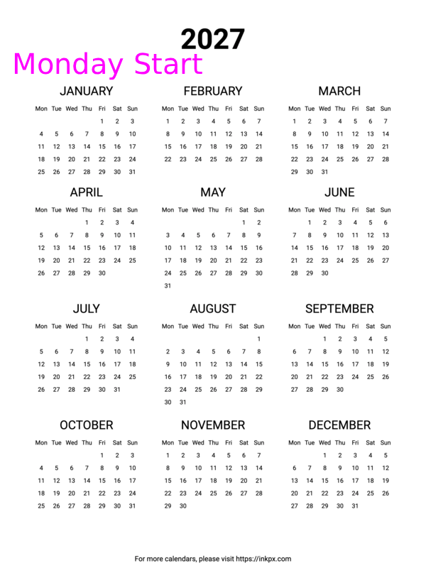 Free Printable Minimalist 2027 Yearly Calendar (Monday Start) · InkPx