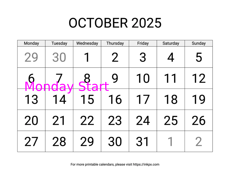 Free Printable Large October 2025 Calendar Monday Start InkPx