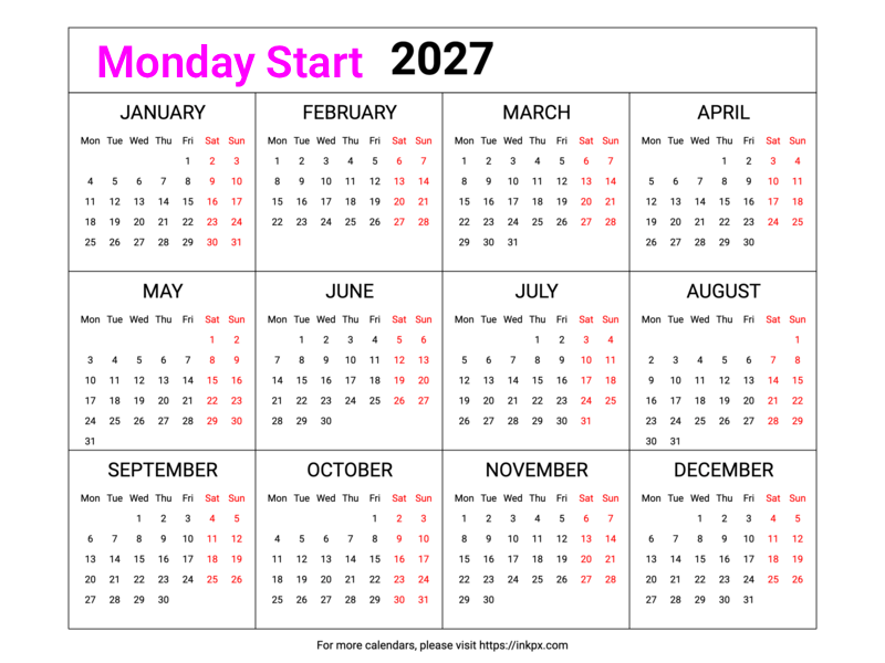 Free Printable Weekend Highlight Table 2027 Calendar (Landscape, Monday ...