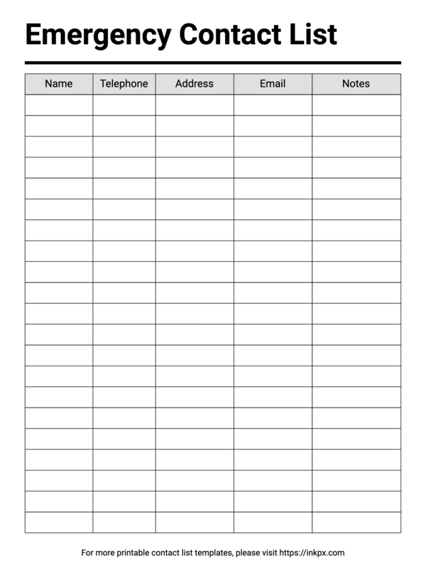 Free Printable Black And White Emergency Contact List Template InkPx