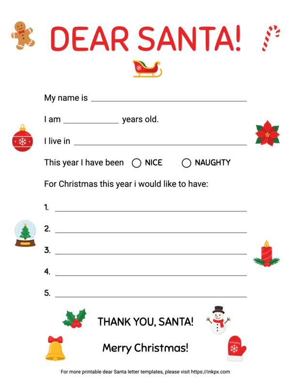 Free Printable Simple Dear Santa Letter Template · InkPx
