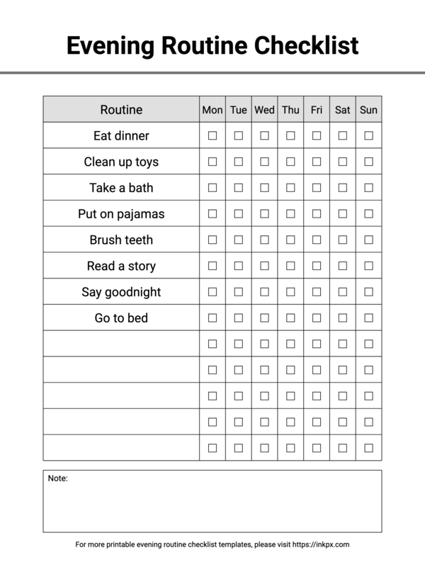 Free Printable Simple Weekly Evening Routine Checklist for Kids · InkPx