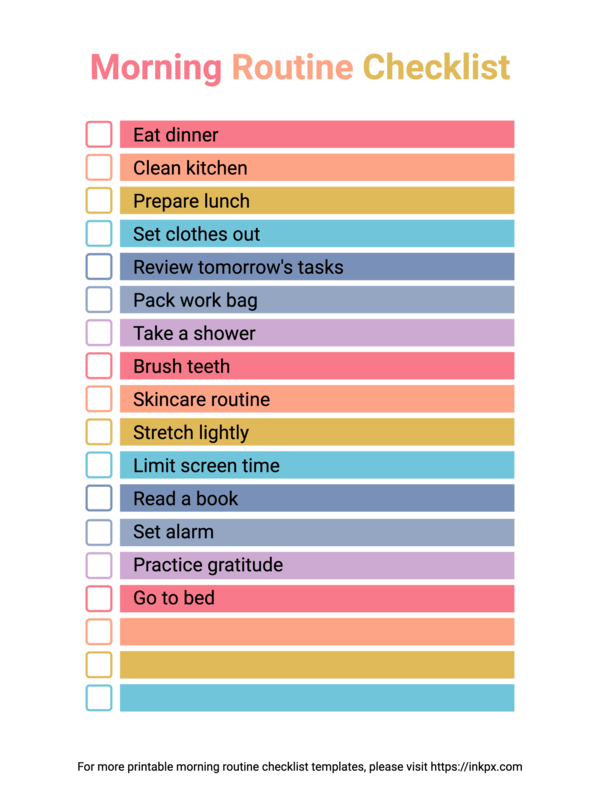 Free Printable Simple Colorful Evening Routine Checklist · InkPx
