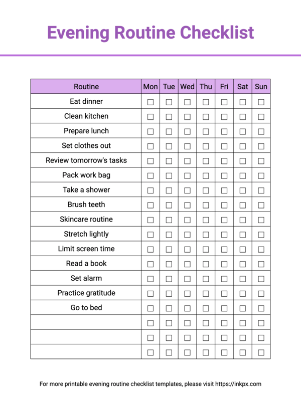 Free Printable Simple Colorful Weekly Editable Evening Routine ...