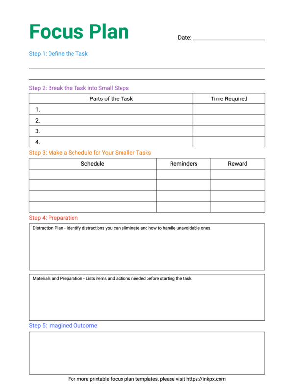 Free Printable Simple Colorful ADHD Focus Plan Template · InkPx