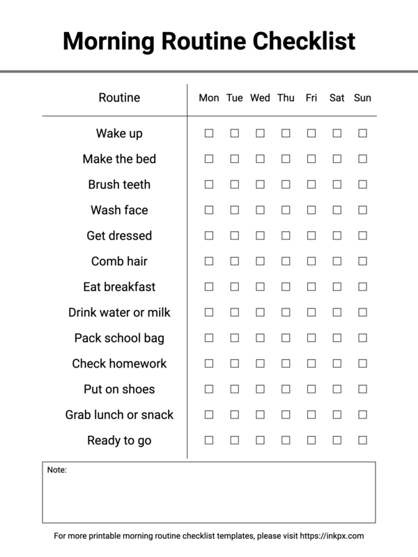 Free Printable Minimalist Weekly Morning Routine Checklist for Kids · InkPx