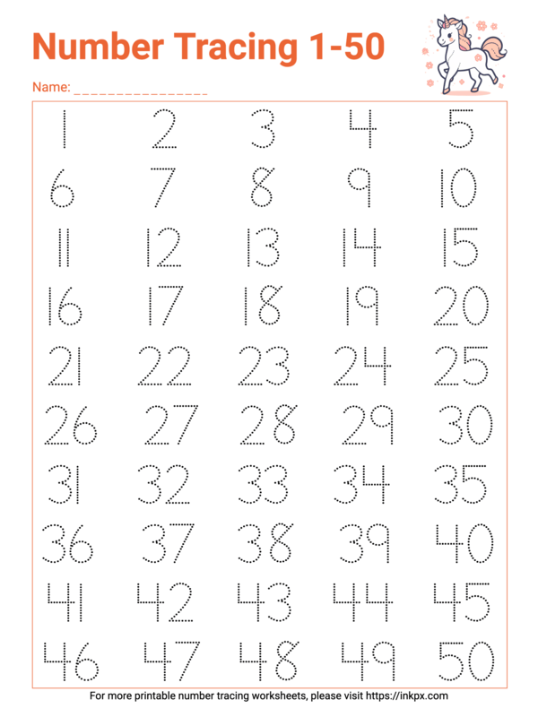 Printable Colorful 1 50 Number Tracing Worksheet InkPx