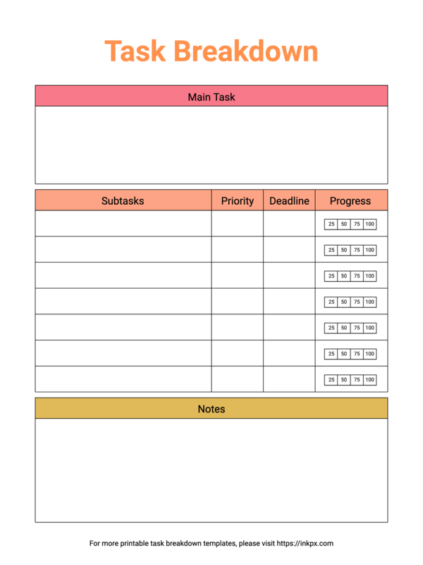 Free Printable Simple Colorful Task Breakdown Template · InkPx