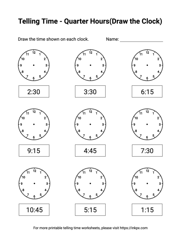 Free Printable Quarter Hours(Draw the Clock) Telling Time Worksheets #2 ...